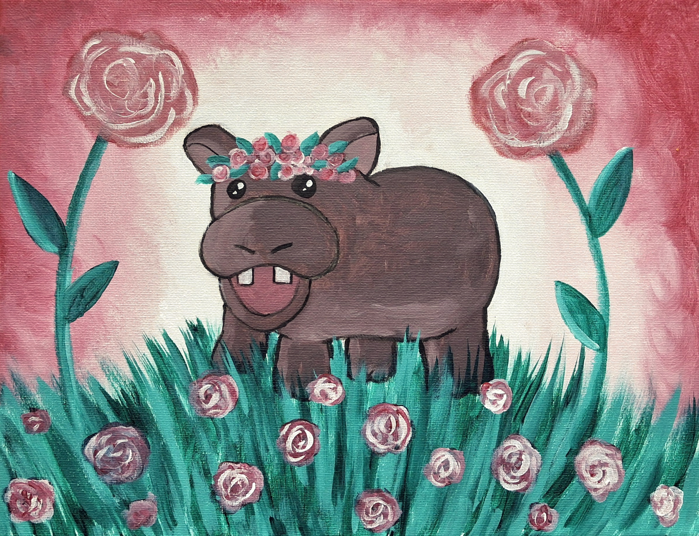 Pretty Flower Hippo - Pinot's Palette Painting