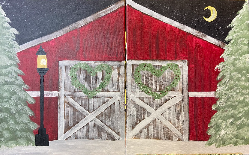 Snowy Red Barn Date Night - Pinot's Palette Painting